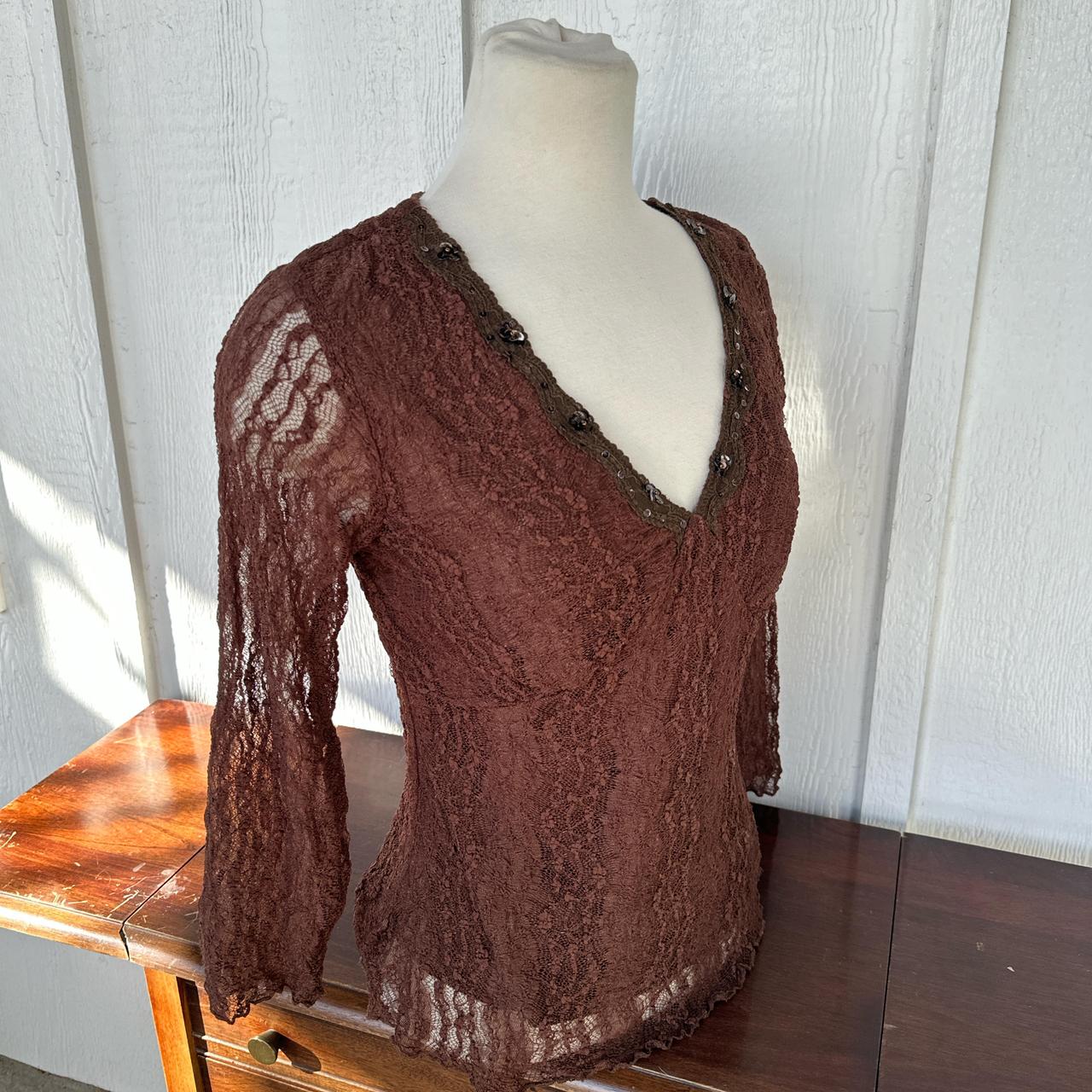 Brown beaded lace top with sheer long sleeves.... | Depop