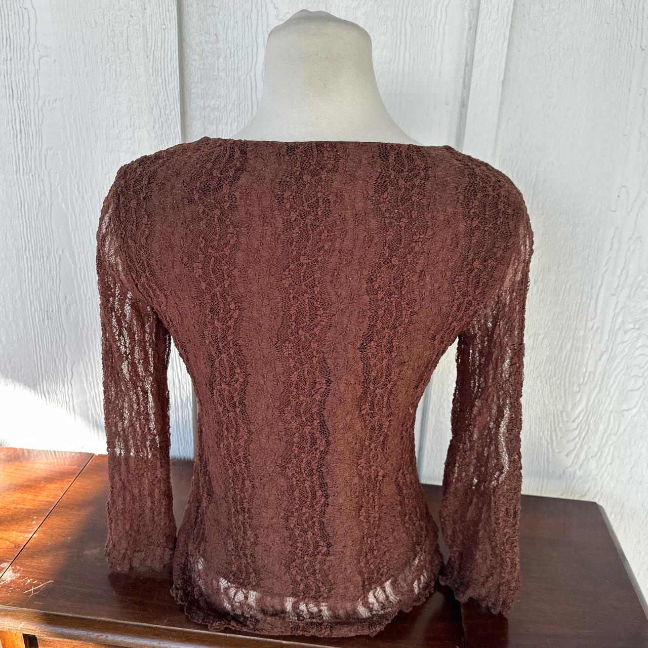 Brown beaded lace top with sheer long sleeves.... | Depop