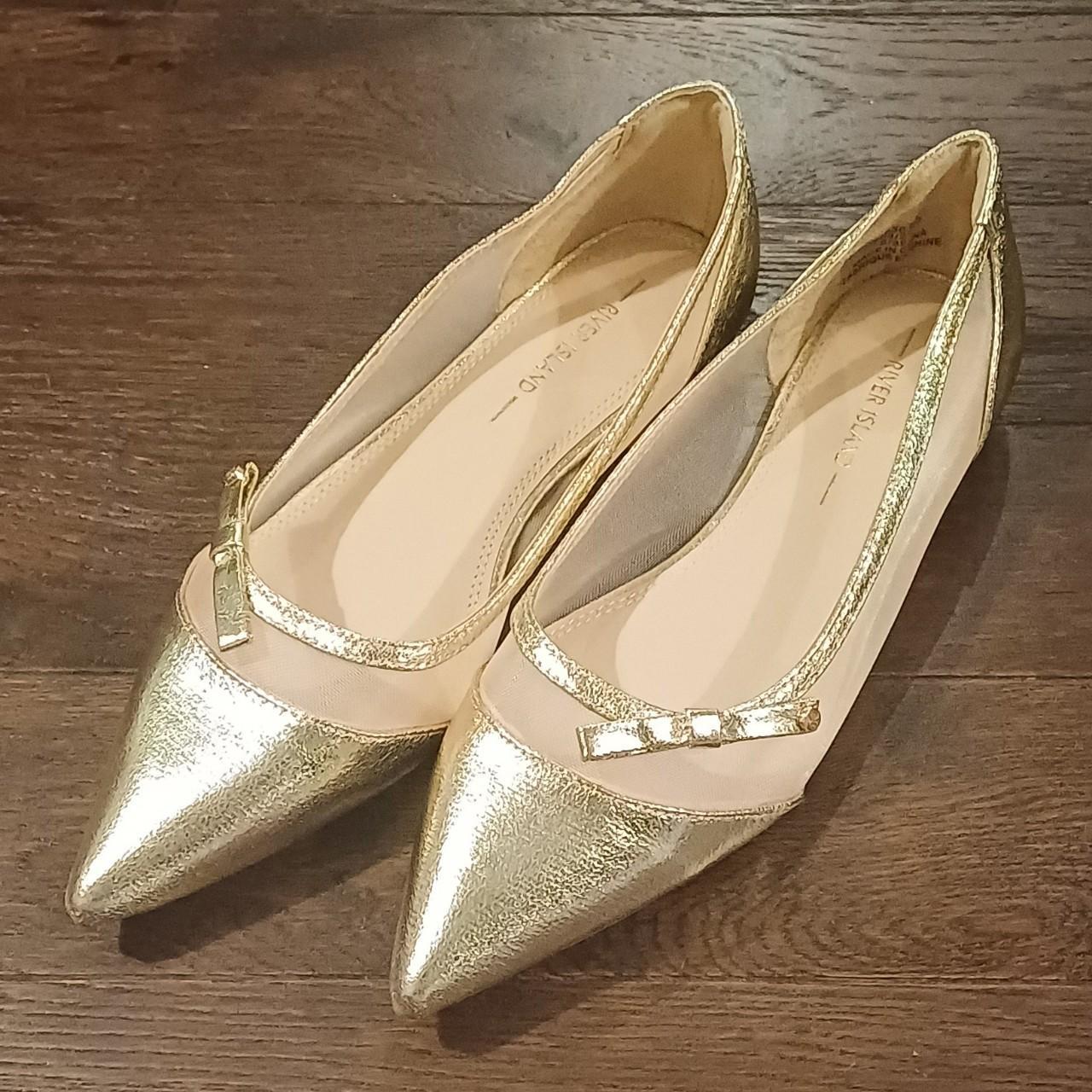 Stunning River Island gold flat shoes with mesh... - Depop