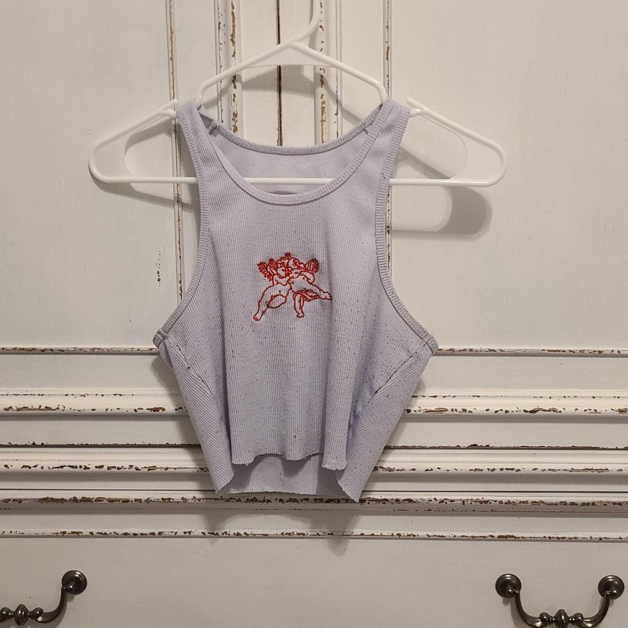 Cropped angel tank-top with red embroidery Size:... - Depop