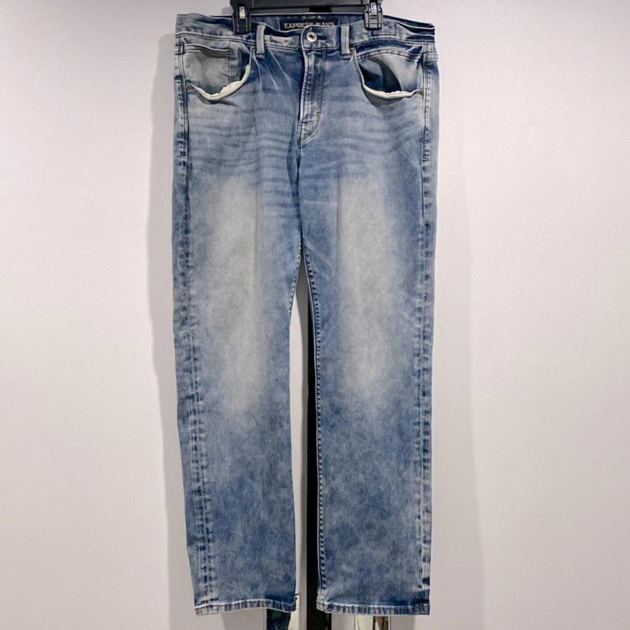 Express Blake Loose Fit Straight Leg Washed Blue... - Depop
