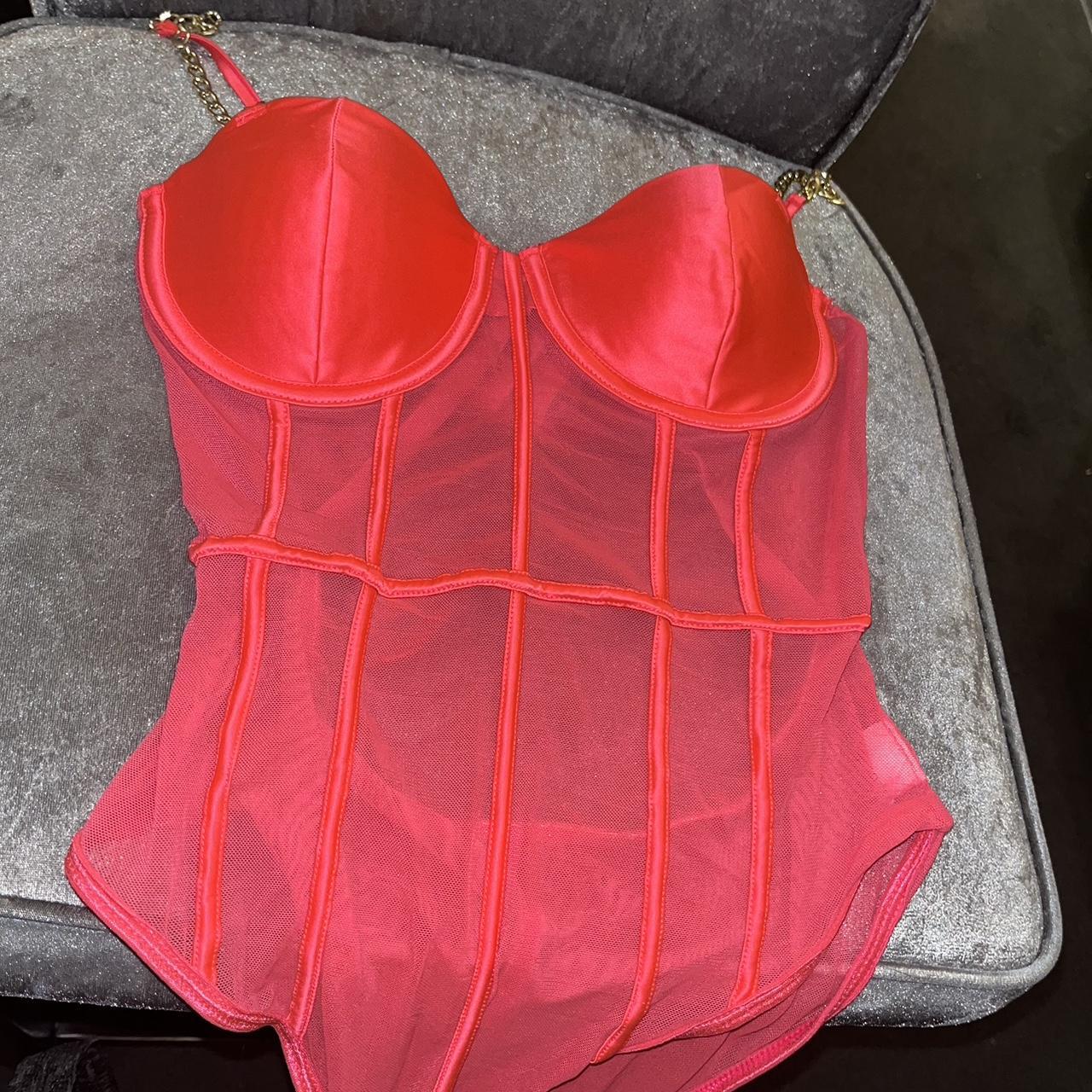 Pink Gold Chained Mesh BodySuit Never worn Good... - Depop
