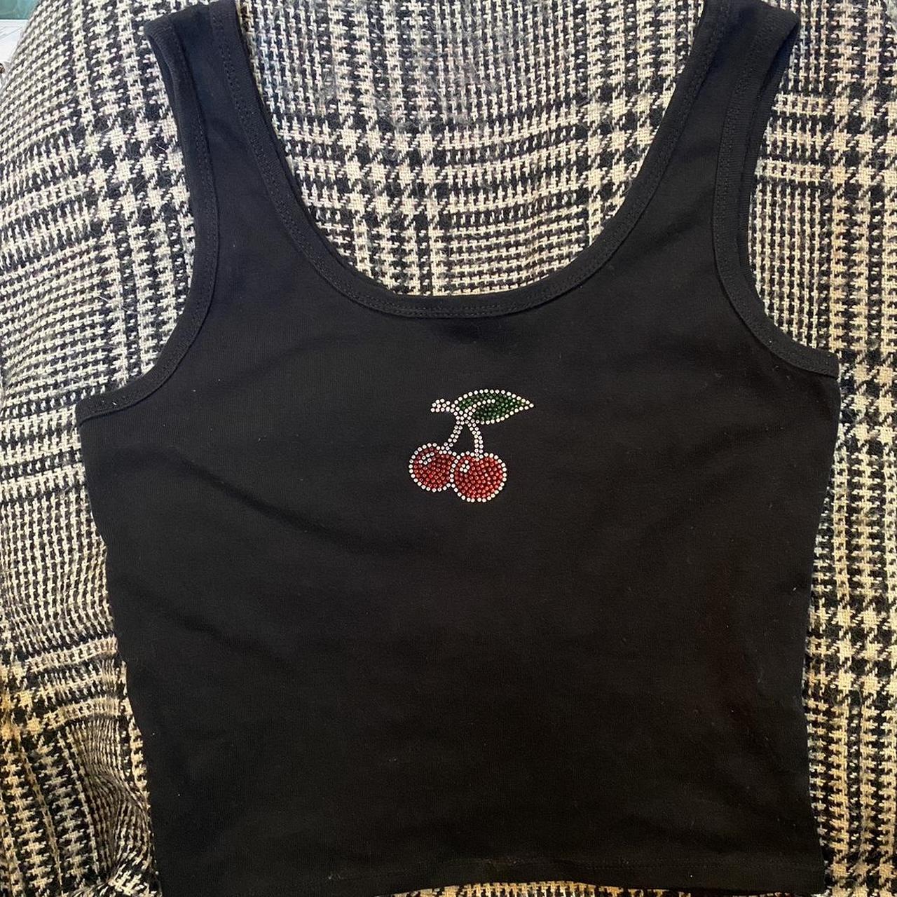 Black Cropped Tank with Bedazzled Cherries 🍒 •Says... - Depop
