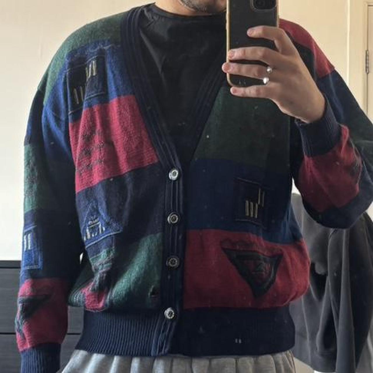 Red, green, blue button cardigan with embroidery... | Depop