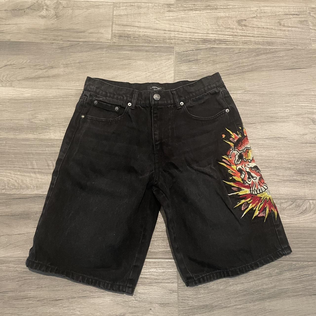ed hardy black graphic jorts size... - Depop