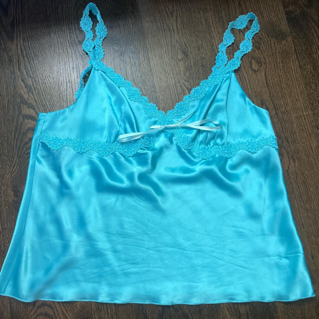 Bright blue silk camisole with bow and floral... - Depop