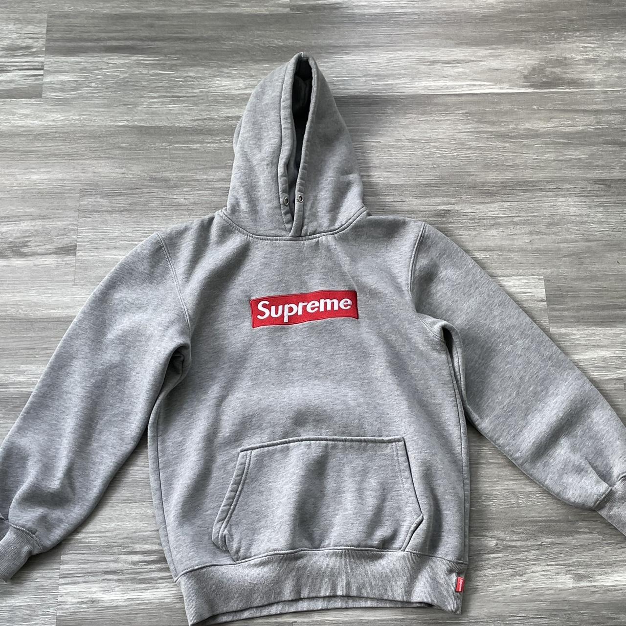 Grey Supreme Box Logo Hoodie Rip on front... - Depop