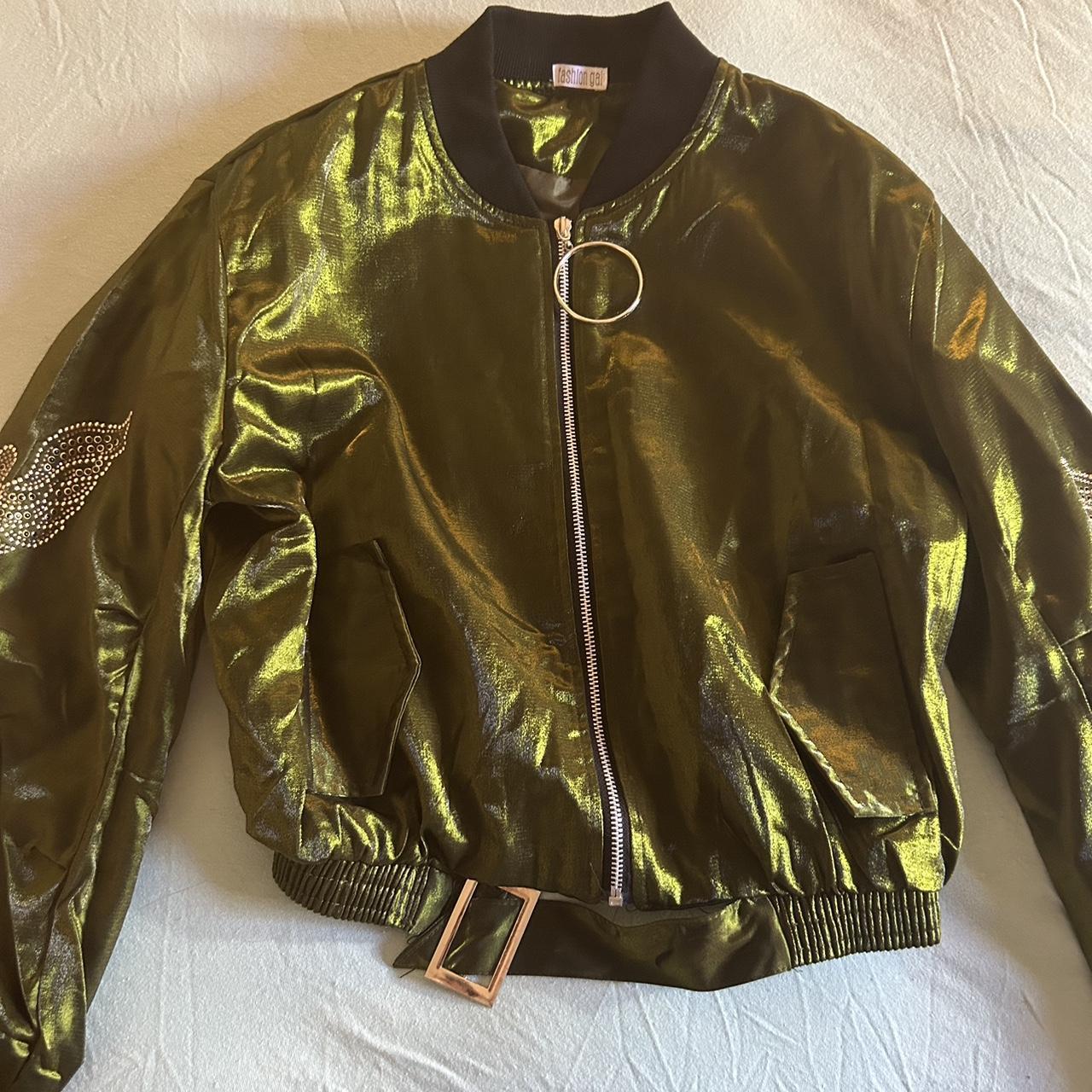SHINY GREEN BOMBER JACKET W RHINESTONE... - Depop