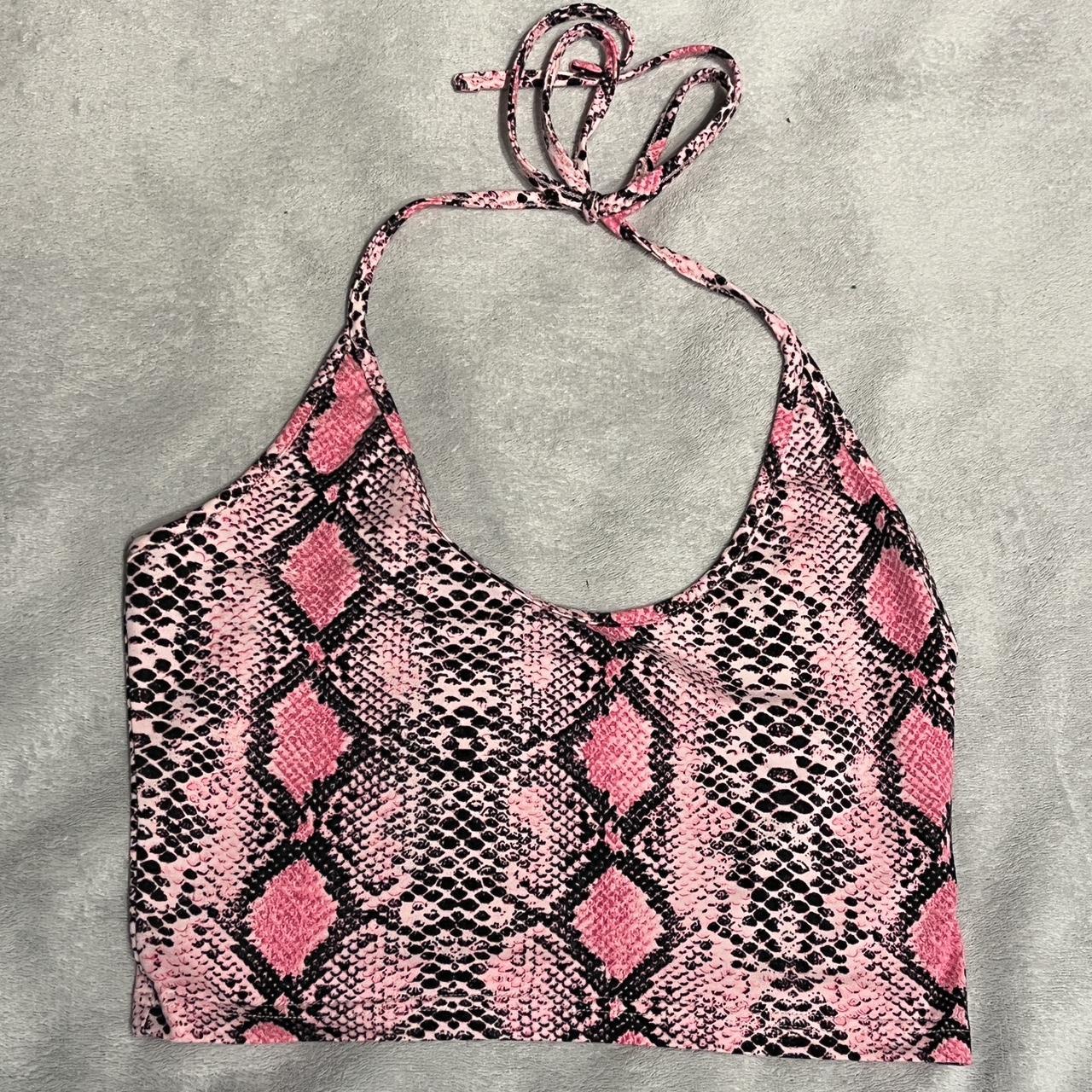 Shein Pink Snakeskin Pattern halter neck crop top - Depop