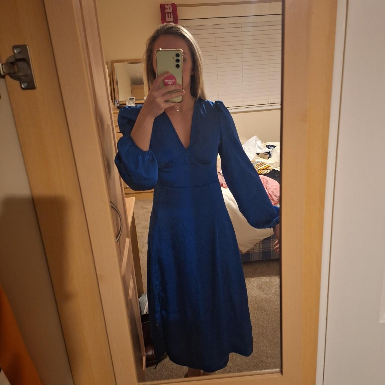 ASOS Pieces satin midi v neck dress in Colbalt blue,... - Depop