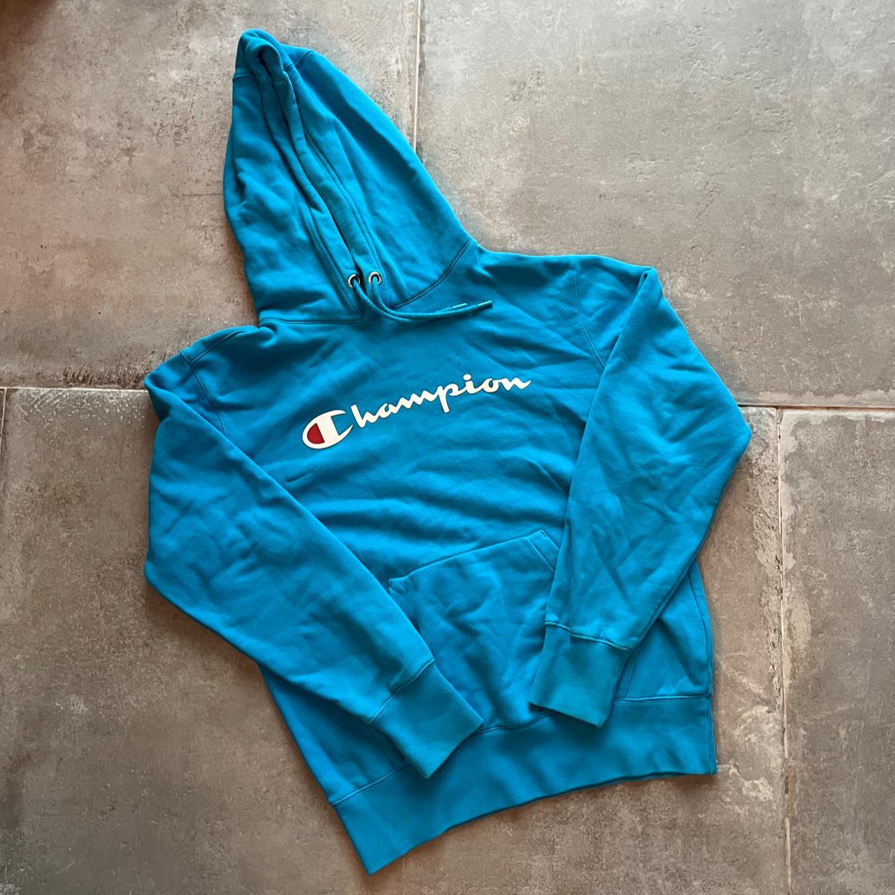 Bright blue champion logo hoodie Size Medium... - Depop