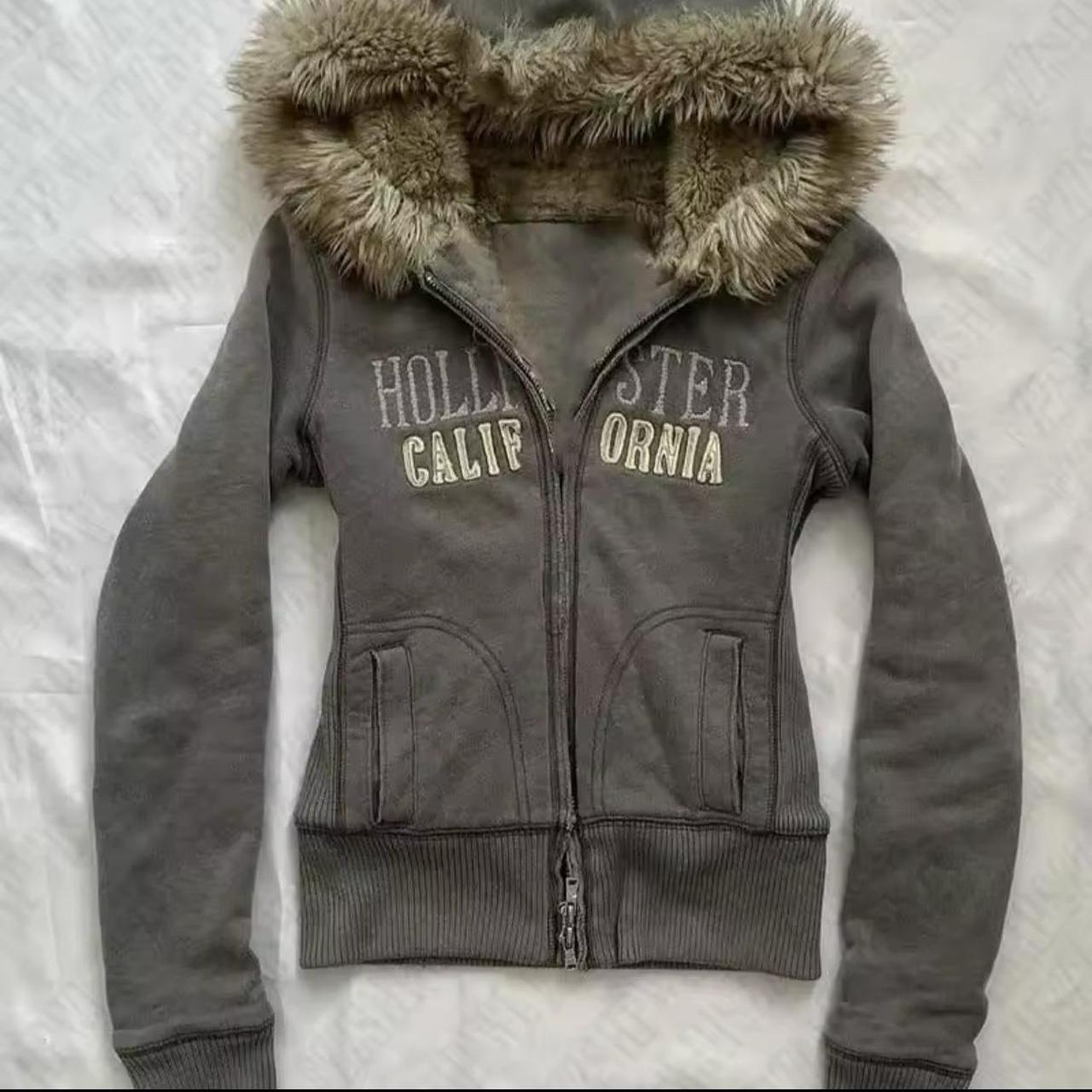 Grey Hollister Co. zip-up hoodie with faux fur trim... | Depop
