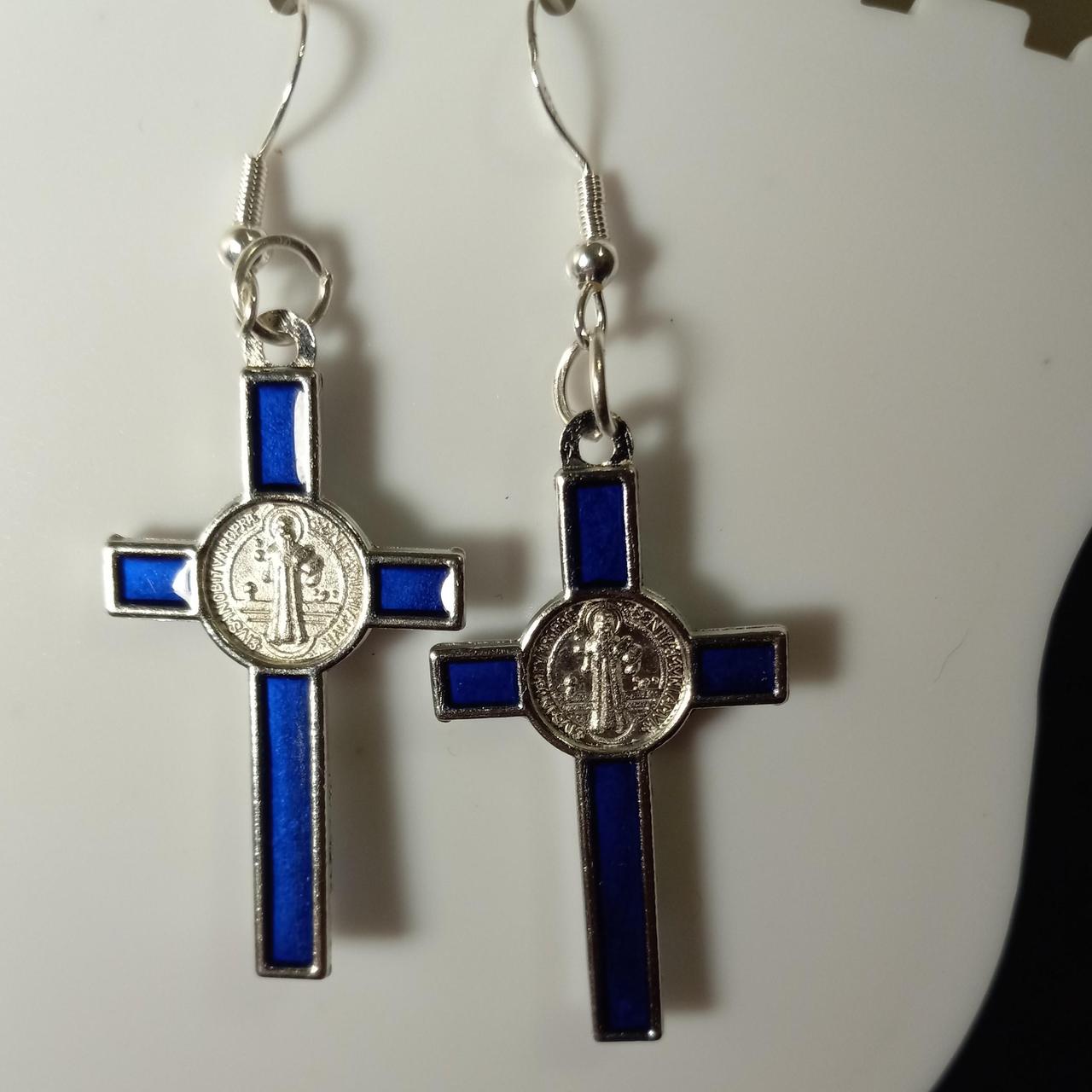 Gold Plated Blue Enamel Cross Charm pendant Women... - Depop