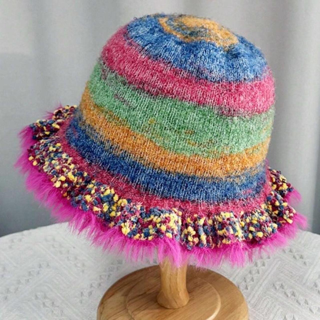 Boho-style kintted Multi-colored bucket hat -one... | Depop