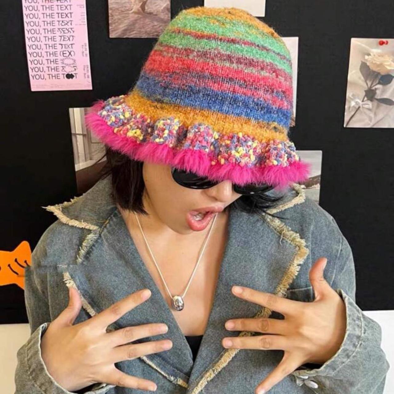 Boho-style kintted Multi-colored bucket hat -one... | Depop