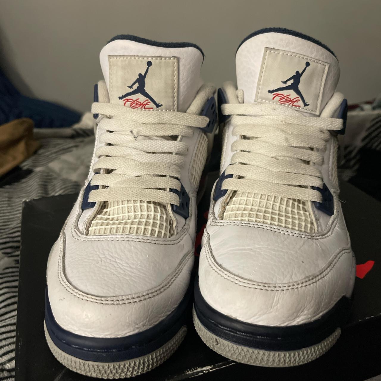 midnight navy jordan 4s size 6y, off of goat worn a... - Depop