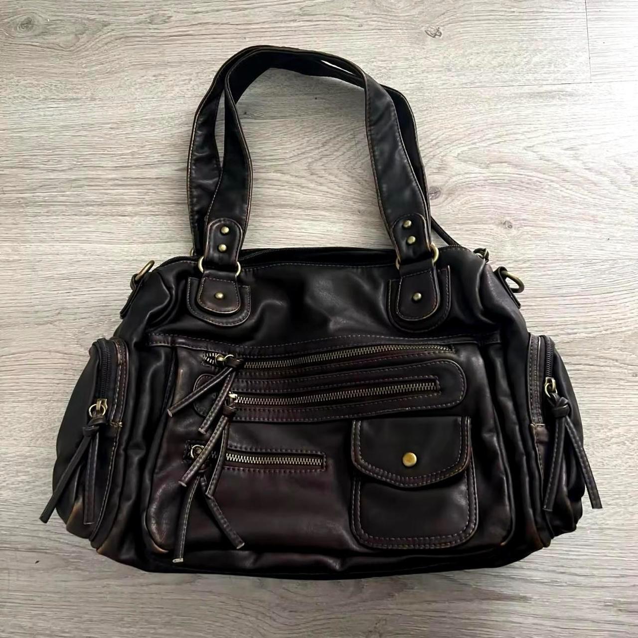 Brown faux leather y2k bag with lots of pockets ☆... | Depop