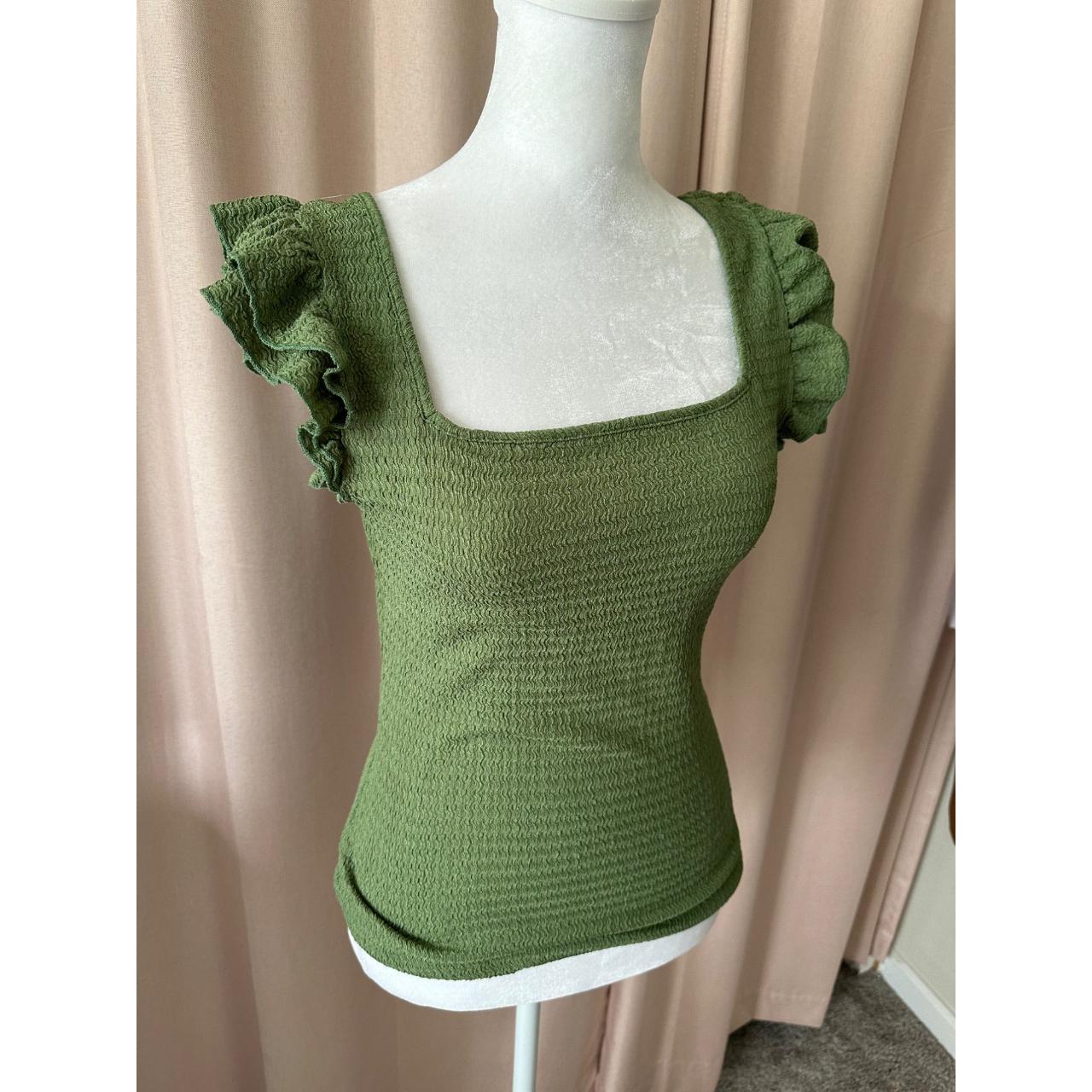 Green Textured Ruffled Sleeve Blouse Womens Size... - Depop
