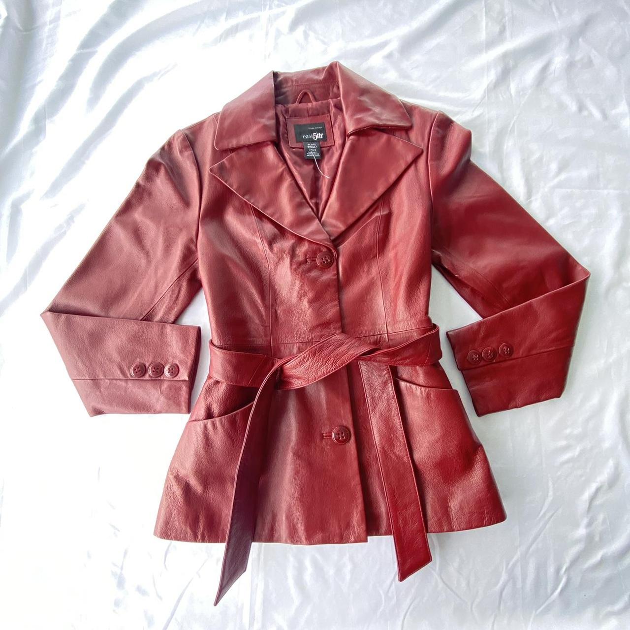 Women’s Red Genuine Leather Belted Button pea... - Depop