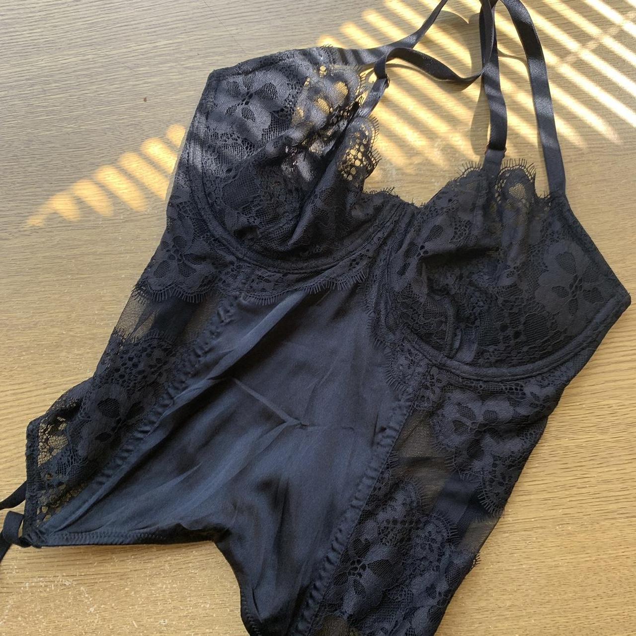 vintage 00s victoria secret black lace satin basque... - Depop