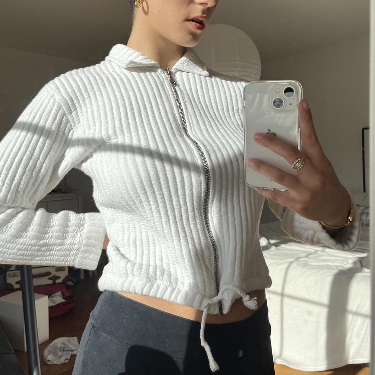 cute white zipper jacket comfy cotton... - Depop