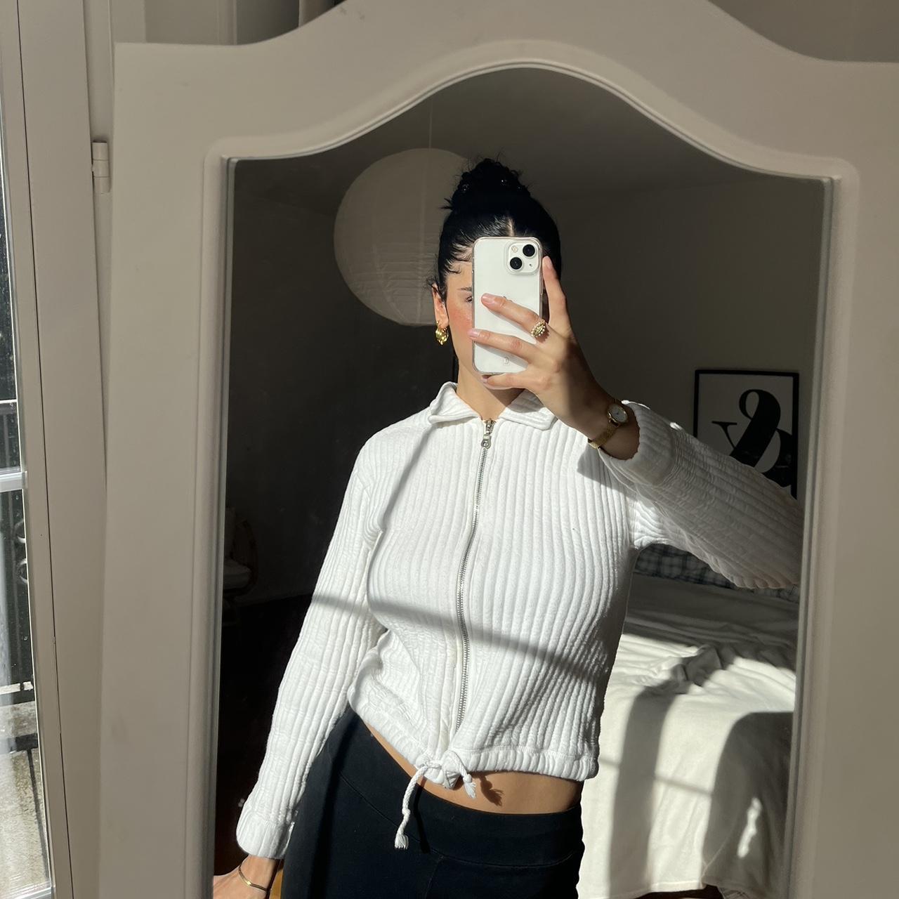 cute white zipper jacket comfy cotton... - Depop