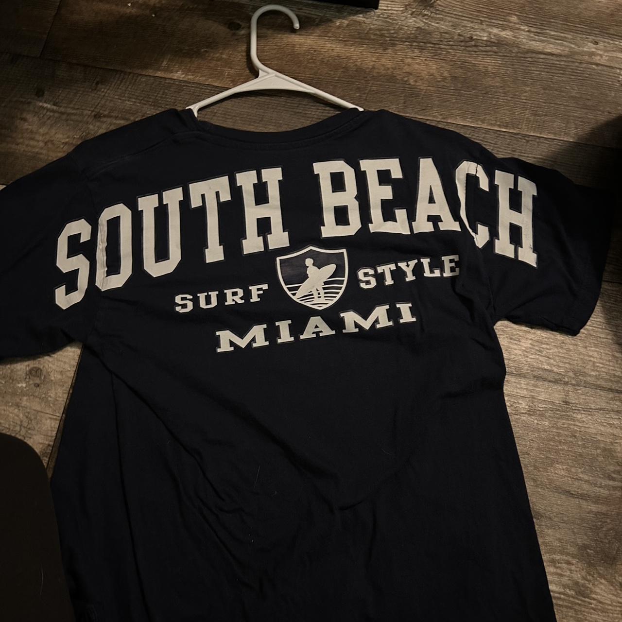 Navy Blueand white South Beach Surf Style Miami T-shirt - Depop