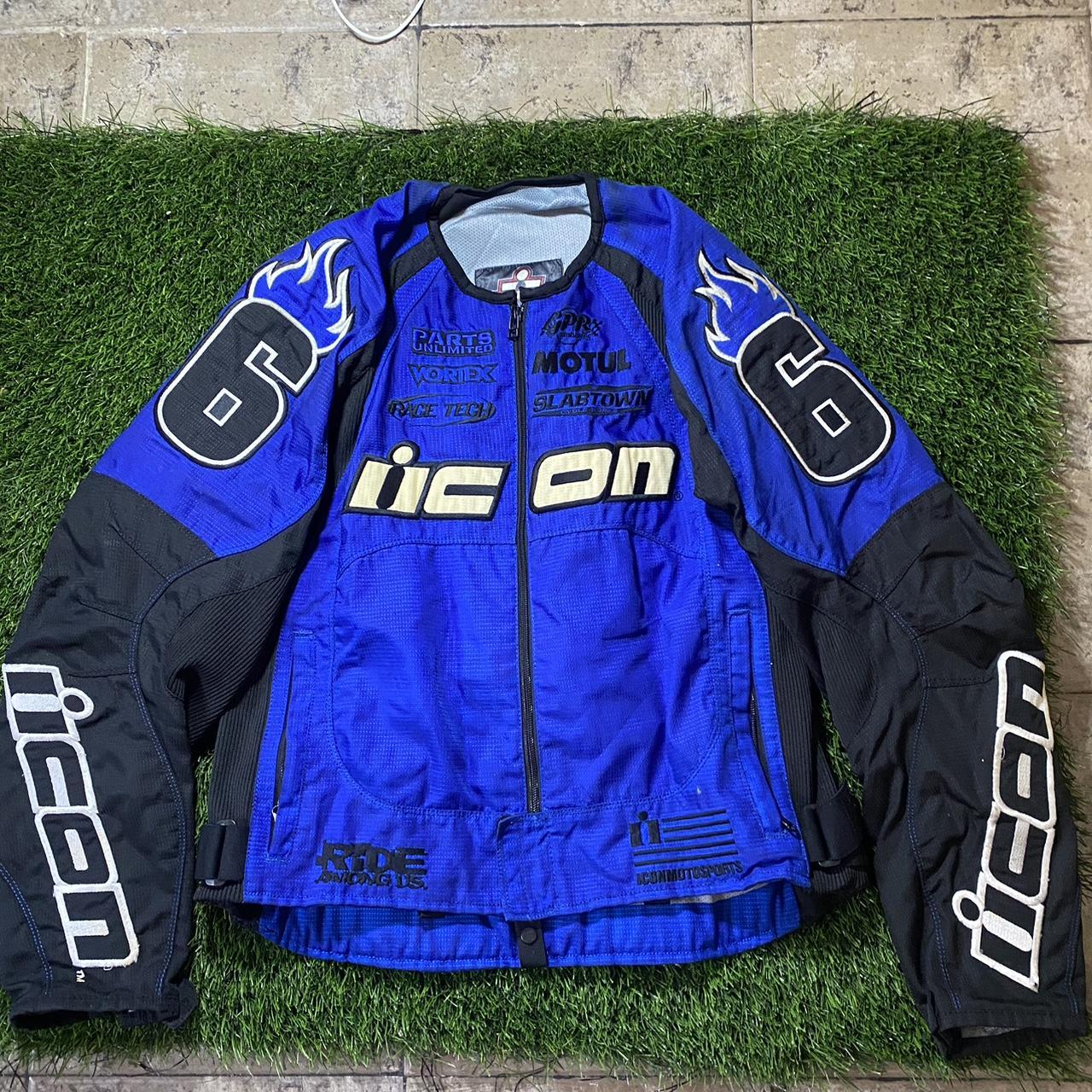 blue racing jacket blue number 6 flame, zipper... - Depop