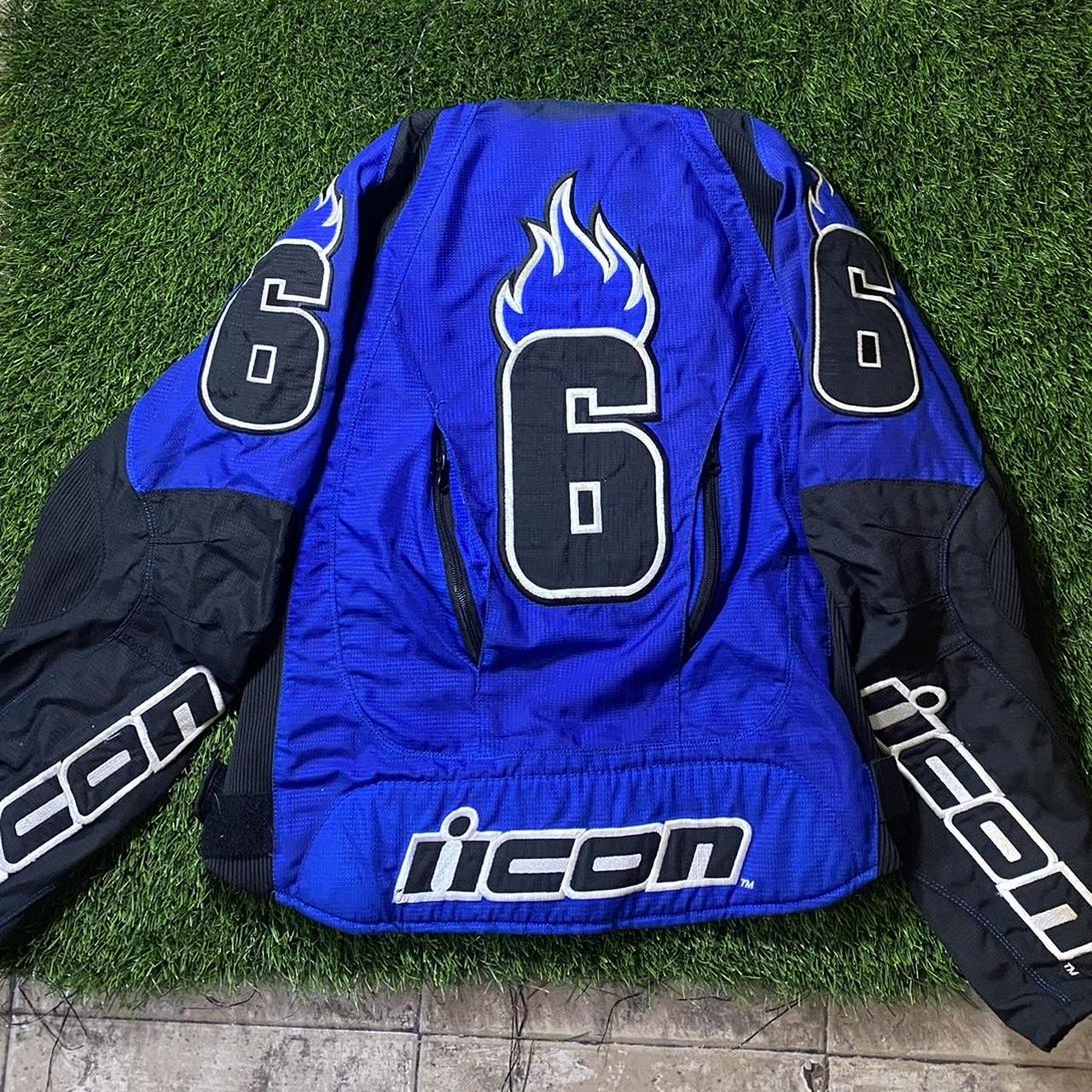 blue racing jacket blue number 6 flame, zipper... - Depop