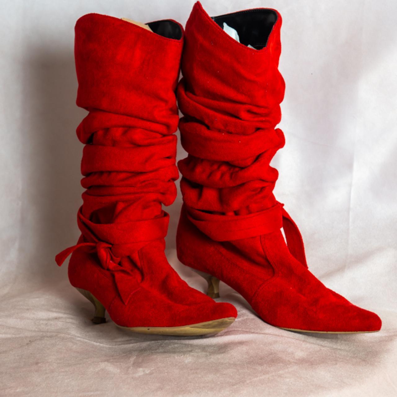 Lovely scarlet red slouch boots with tie around... - Depop