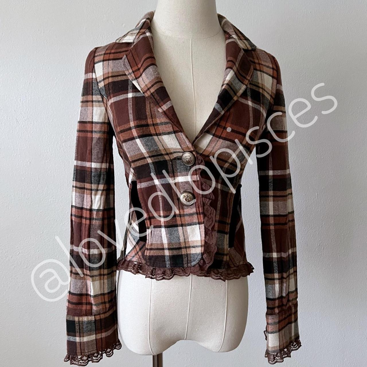 Ruffle lace plaid thin blazer top from japan Brown... - Depop
