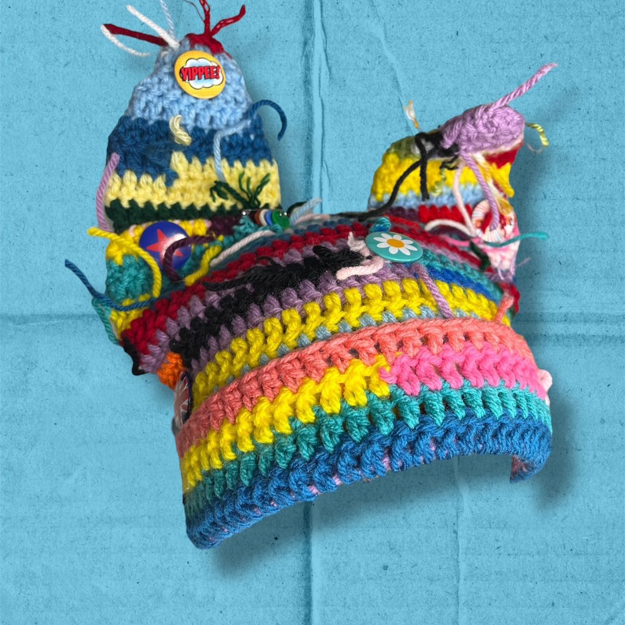 crochet ear hat with buttons and pins! #cxc... | Depop