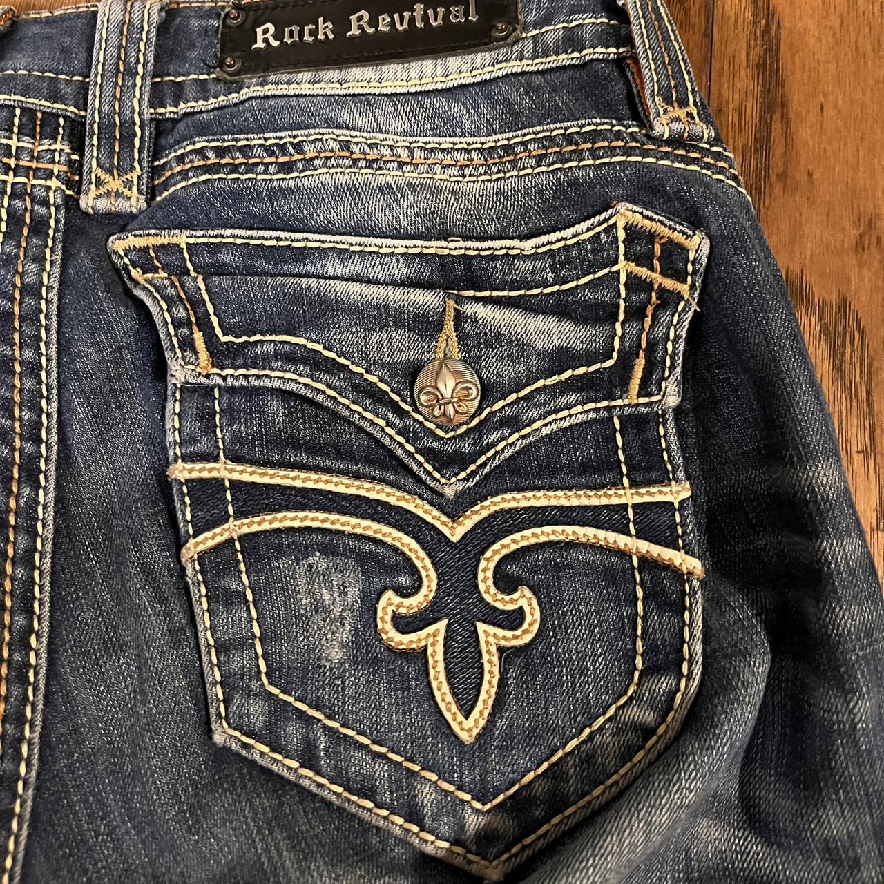 Dark blue bootcut rock revival jeans with crazy back... - Depop