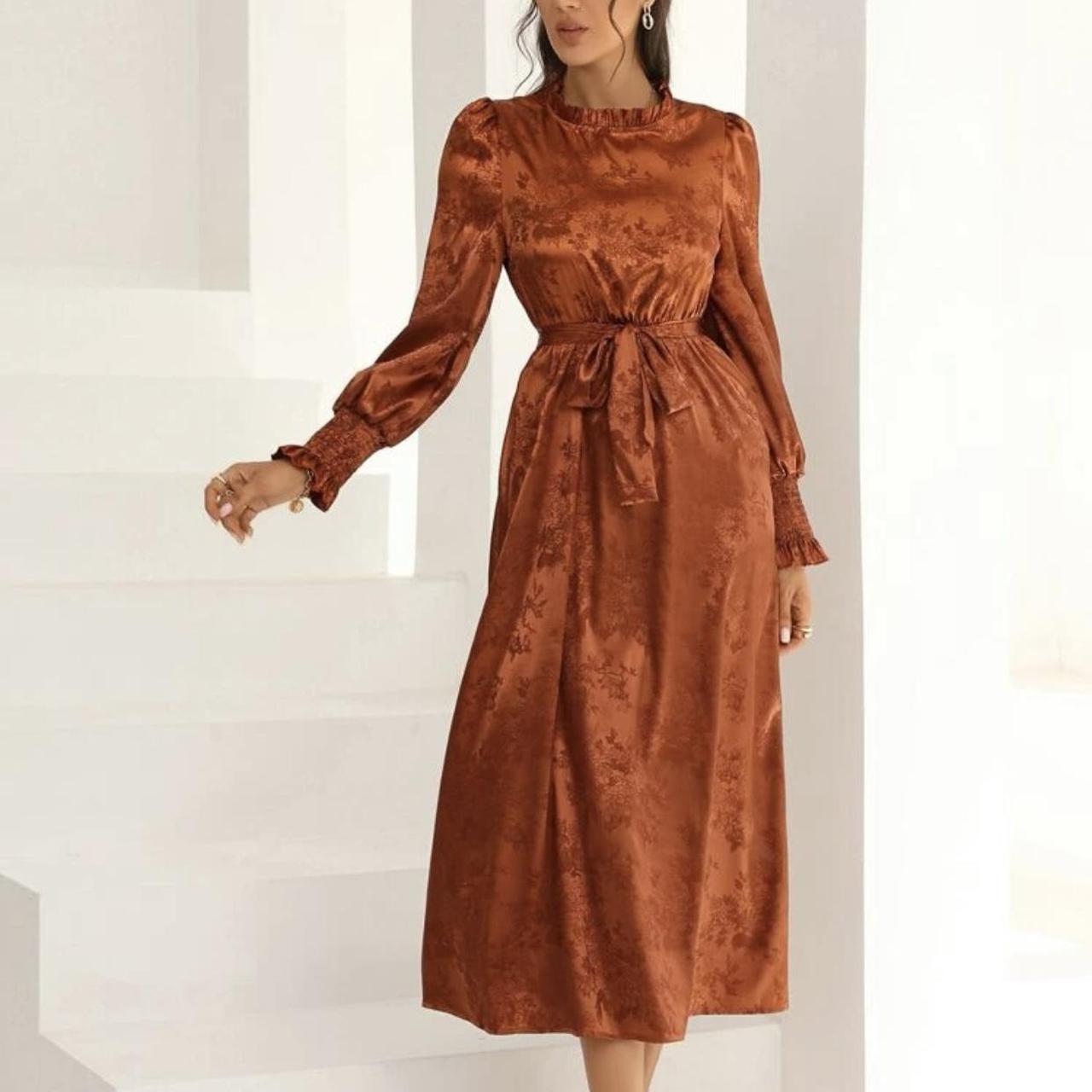 Dress Jacquard Shirred Lantern Sleeve Frill Neck Depop