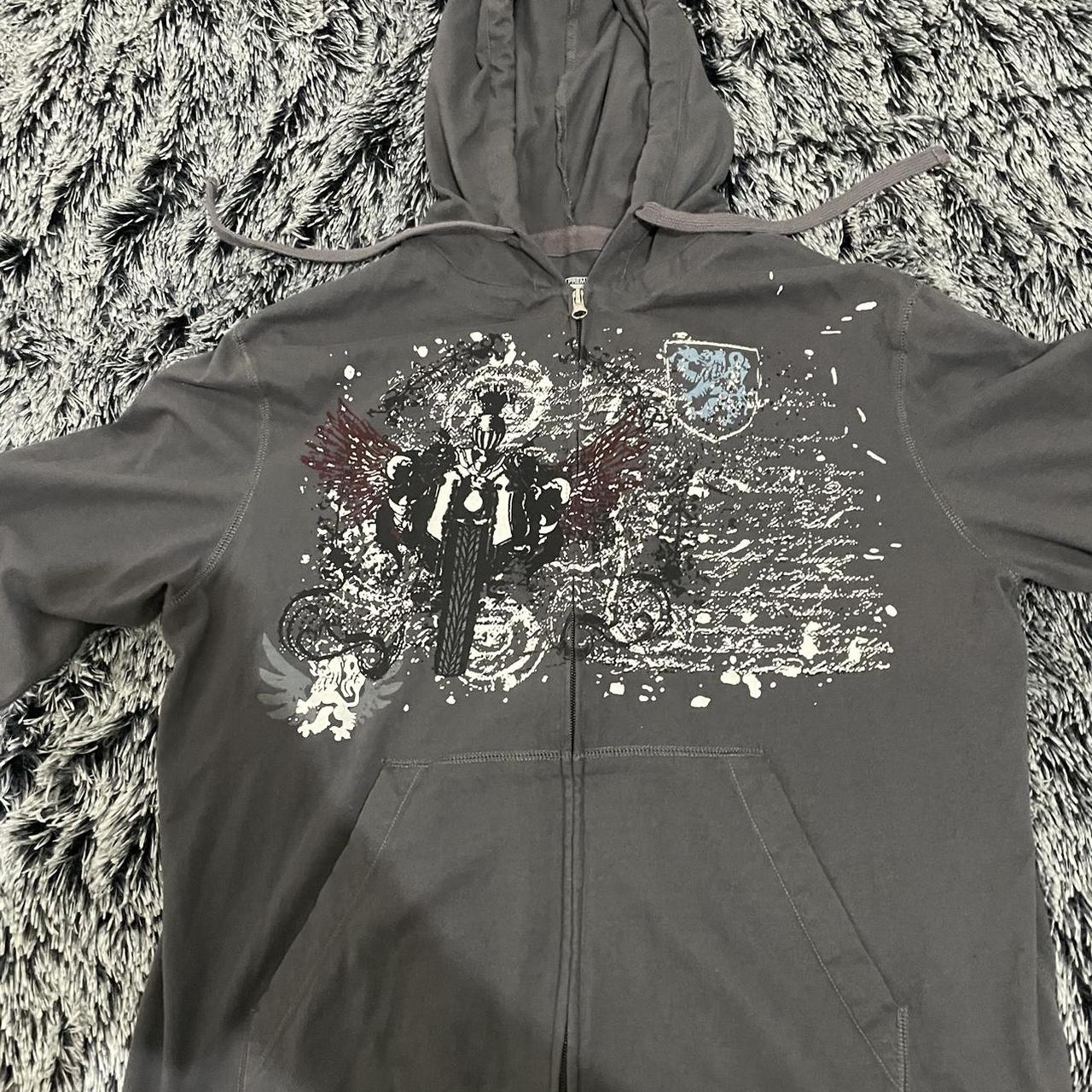 Y2k affliction type sweater super nice graphic and... - Depop