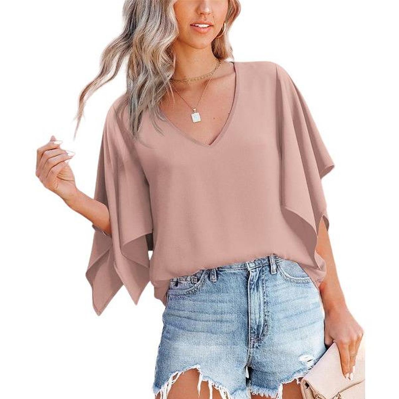 Udear Orange pink Kimono sleeve V neck Top Size L ... - Depop