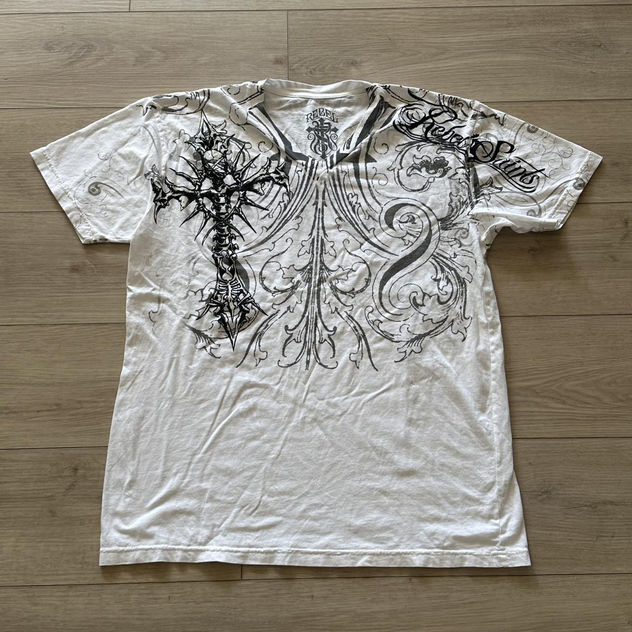White Affliction style v neck T-shirt with black... - Depop