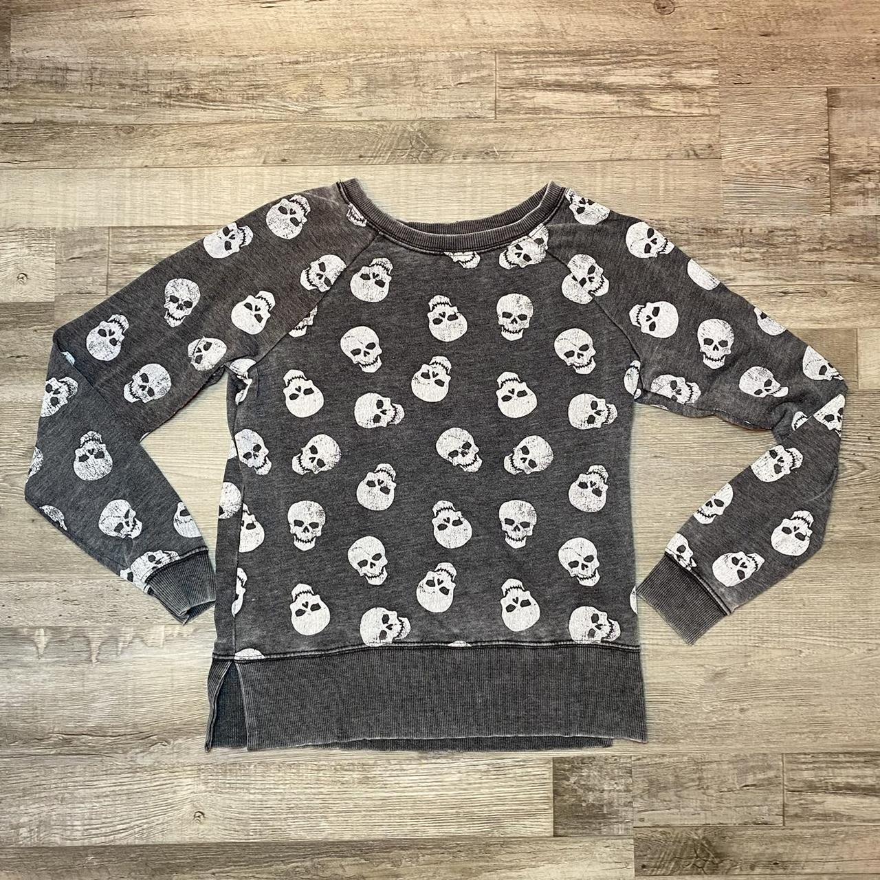 gothic skull print long sleeve dark grey crew neck... - Depop