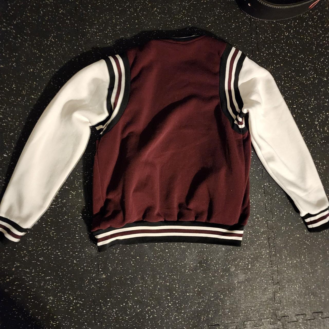 Burgundy/Cream color varsity jacket Pretty warm,... - Depop