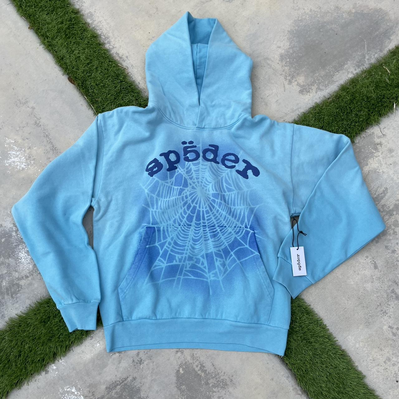 SP5DER OG WEB V2 SPRAY HOODIE Light Blue - Size... | Depop