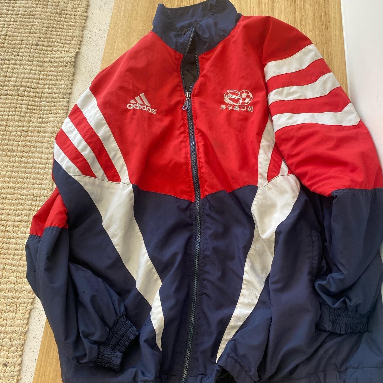 adidas red and navy spray jacket - a few marks and... - Depop