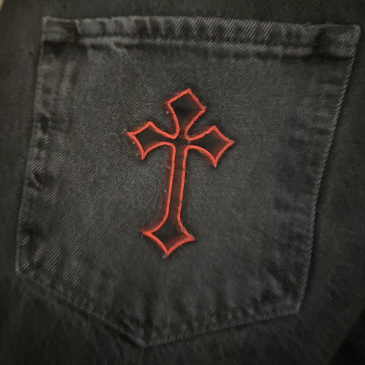 2000s cross embroidered black and red jeans #cross... - Depop
