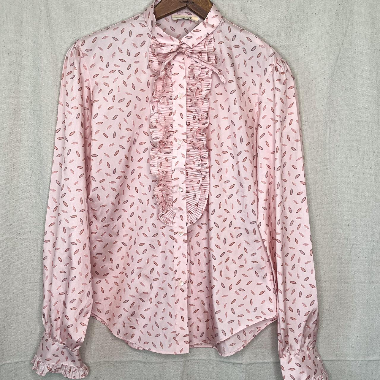 Vintage 70s Pink Print Ruffle Tuxedo Shirt -... - Depop
