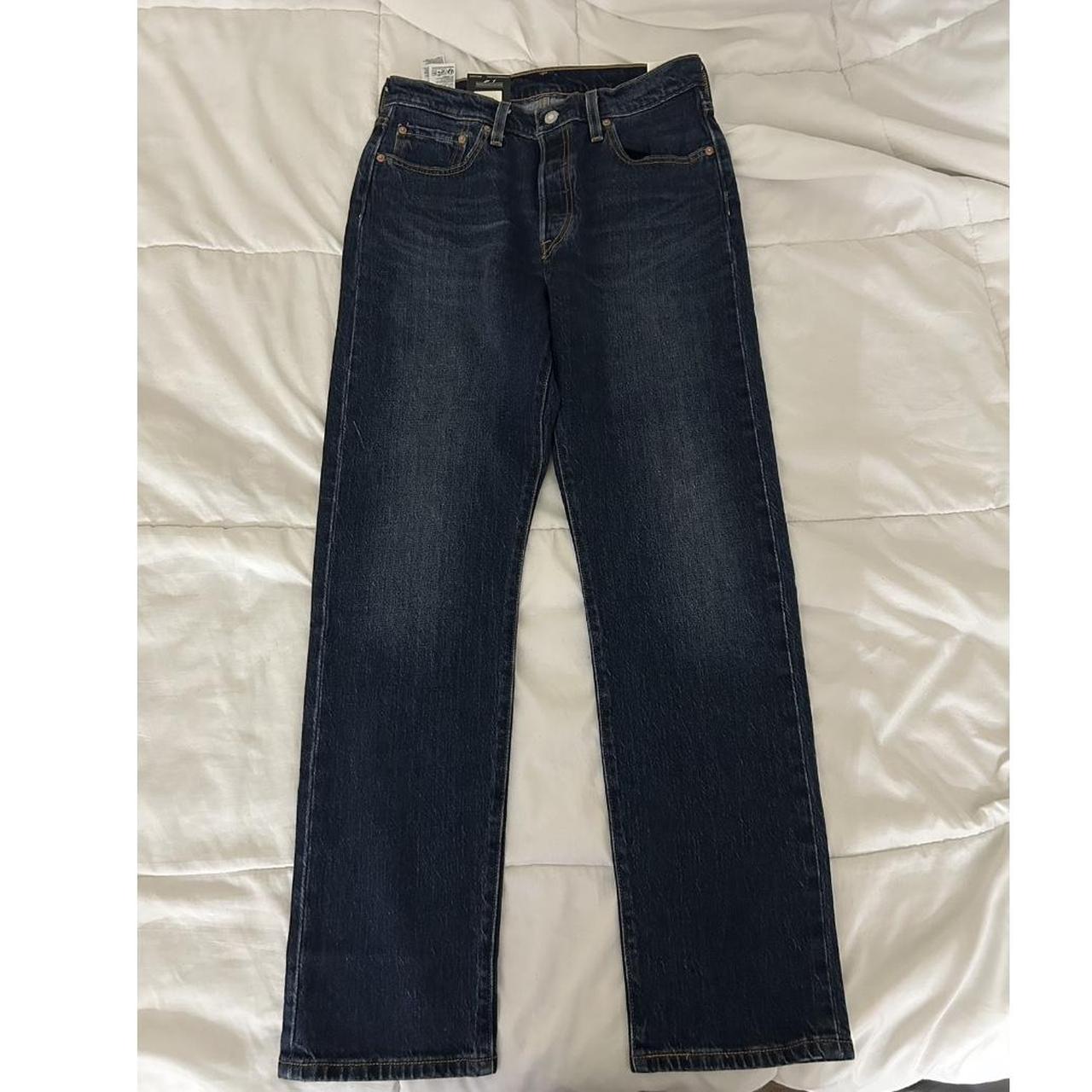 Levi's navy blue 501 slim straight jeans Size -... - Depop