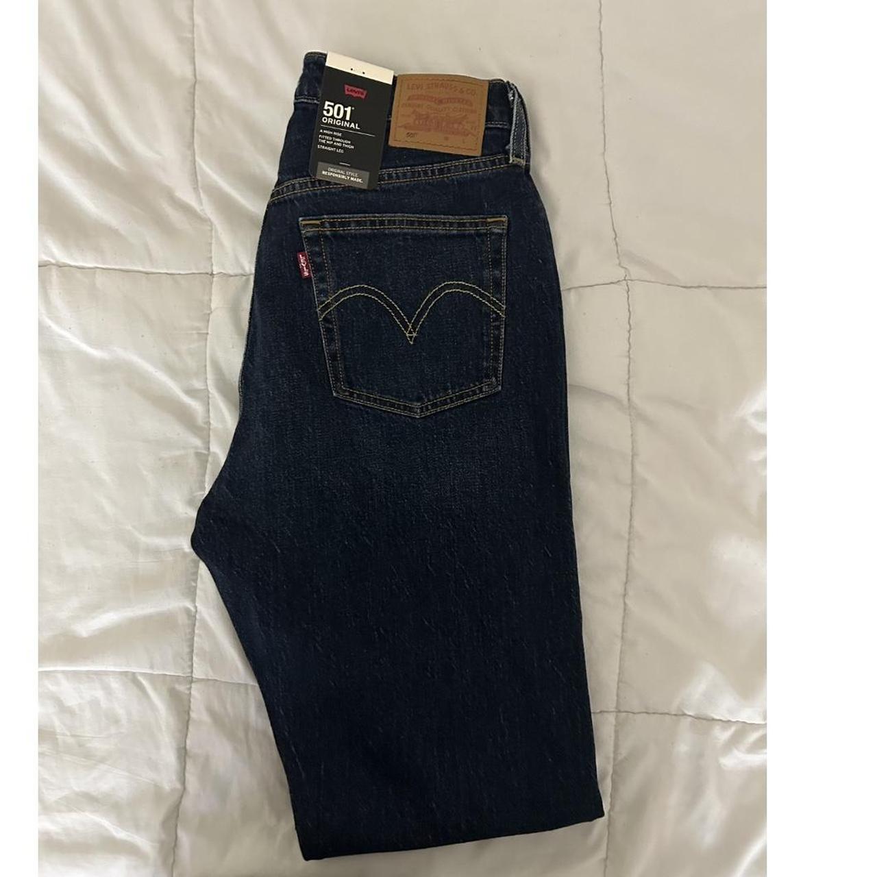 Levi's navy blue 501 slim straight jeans Size -... - Depop