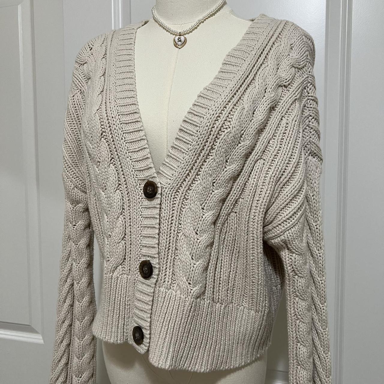Cream cable knit cardigan with wooden buttons ⭐️... | Depop