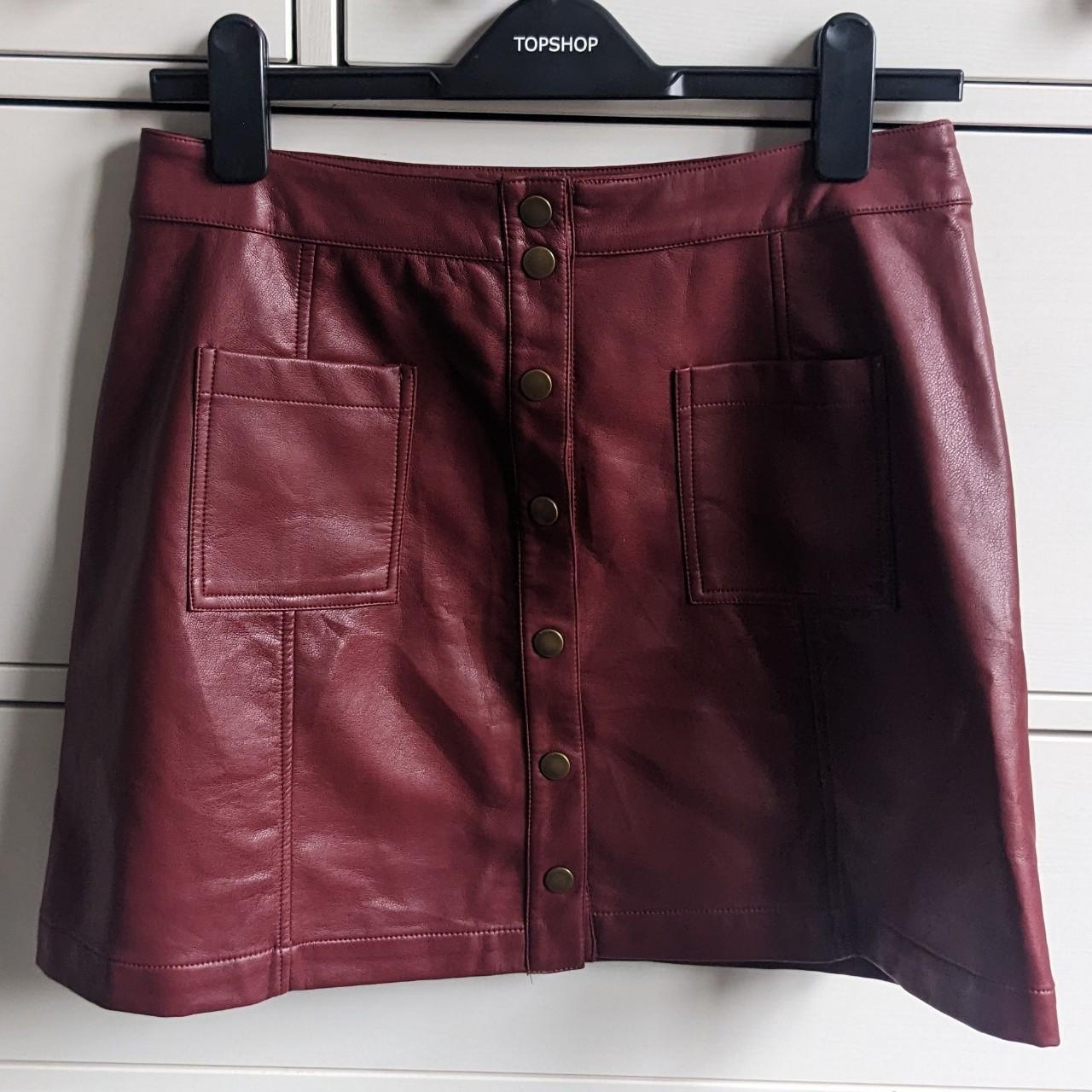 Oasis red burgundy faux leather a line mini skirt... - Depop