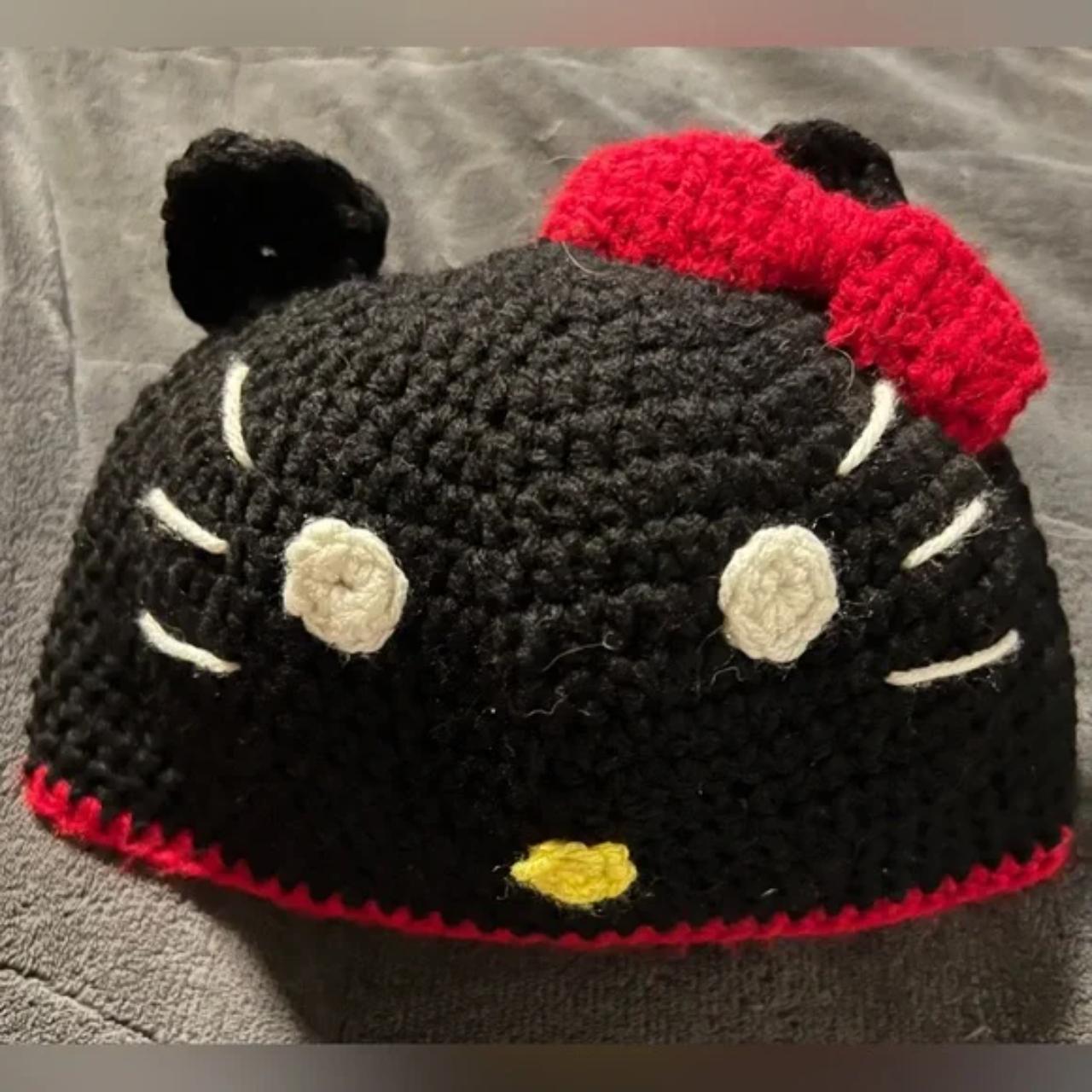 Hand knit hello kitty hat. 10” wide and 8” long.... - Depop
