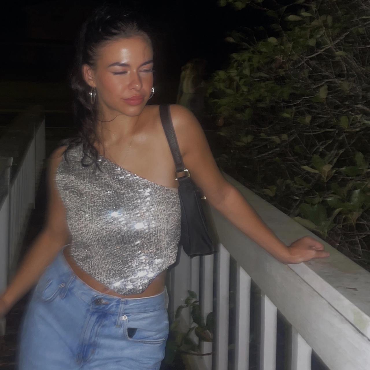 Silver sequin one shoulder top - Depop