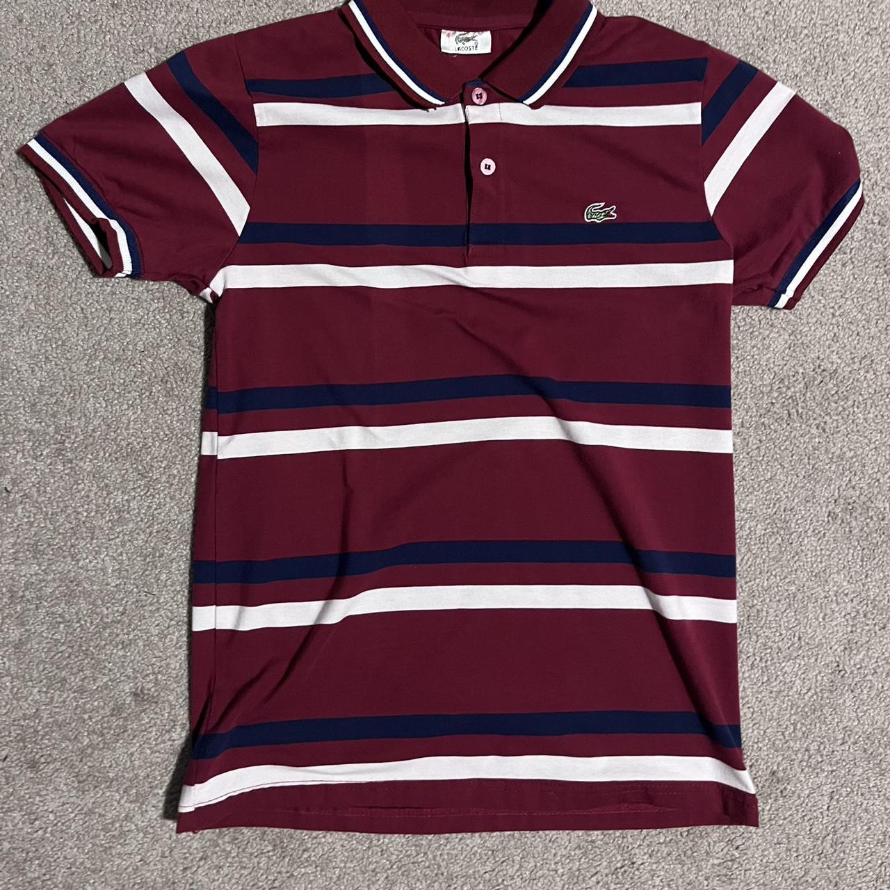 Burgundy Striped Lacoste Polo Tag says M fits like a... | Depop